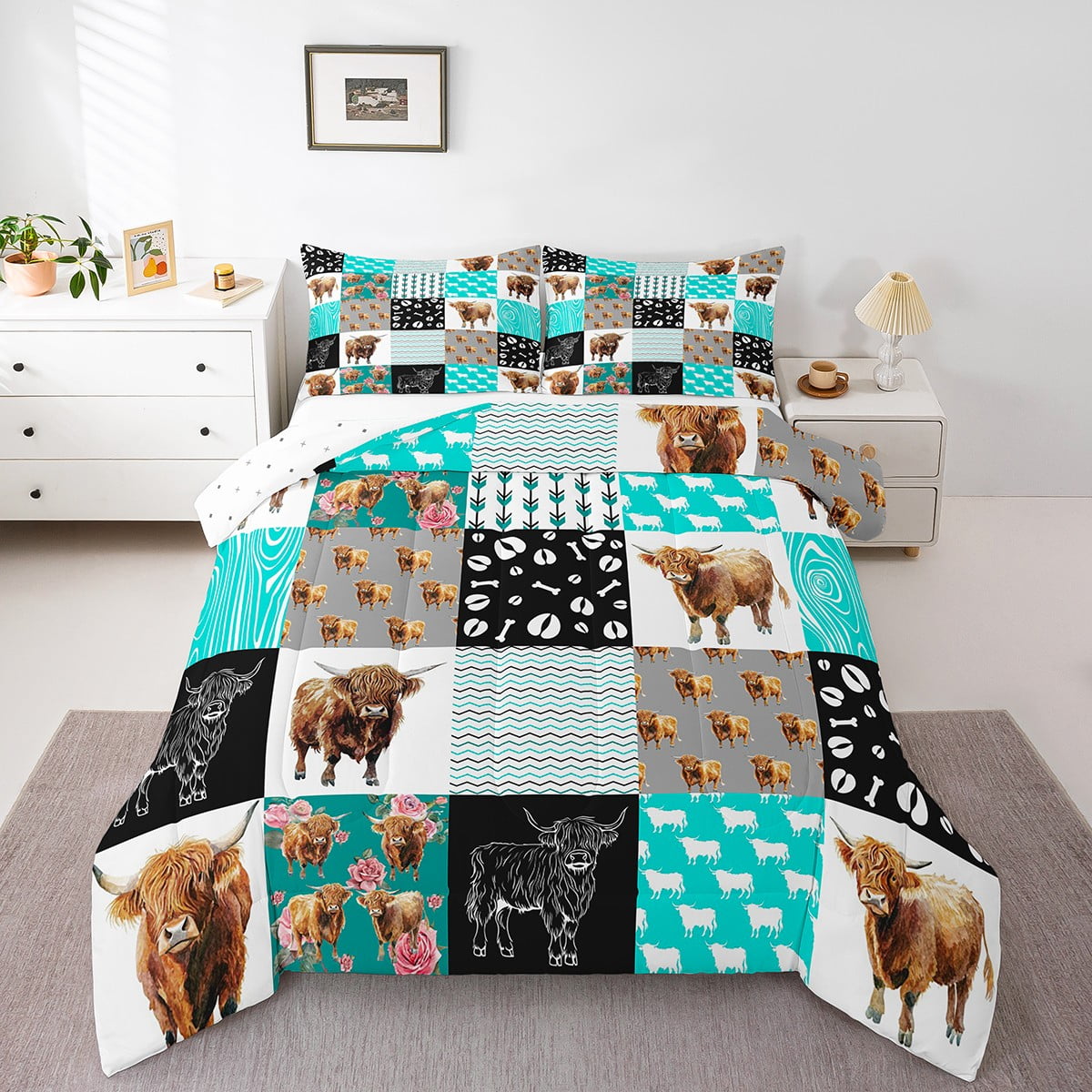 Highland Cow Comforter Set Farm Animals King Bedding Set,Western Cowboy ...