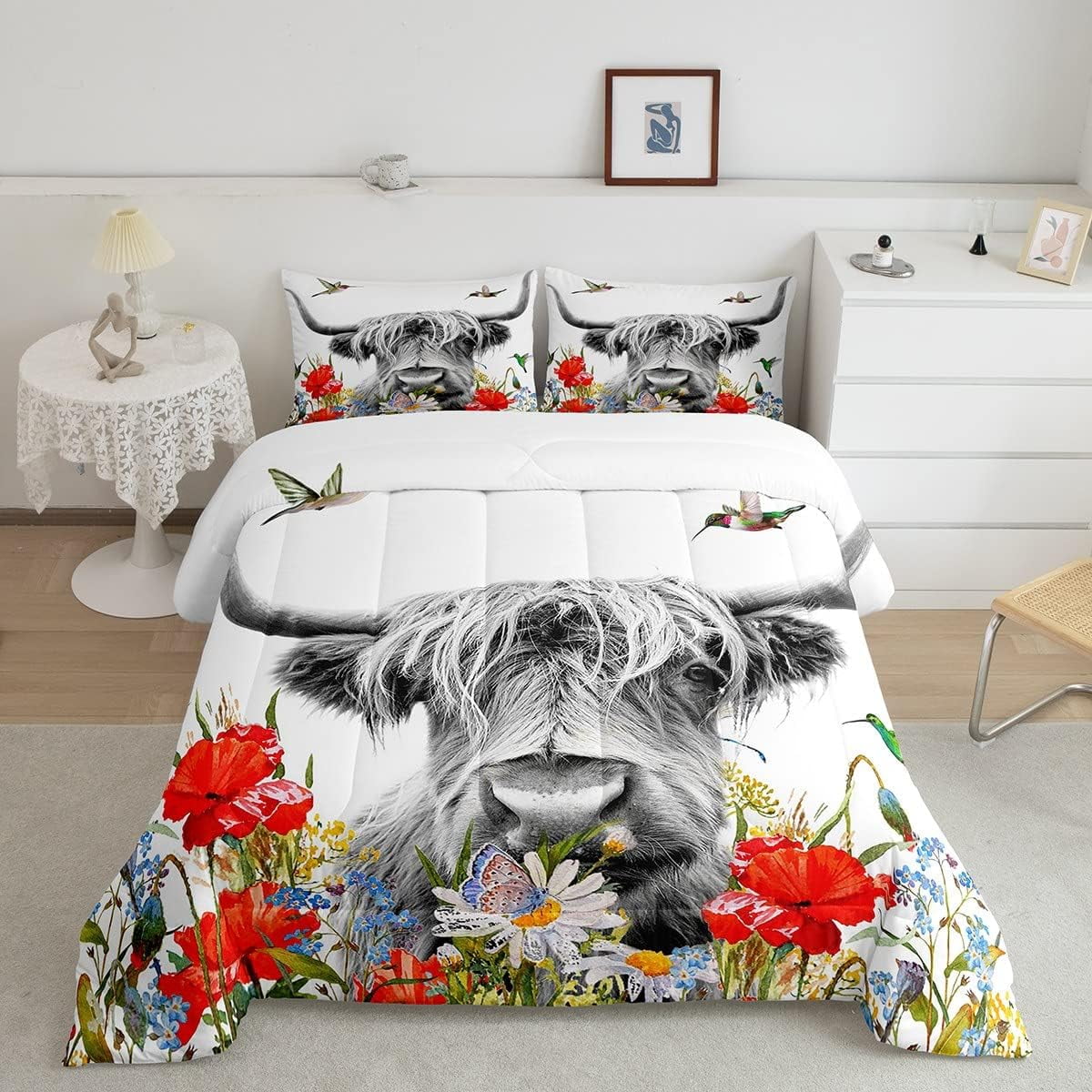 Highland Cow Comforter Set Full, Red Poppy Floral Bedding Set for Teens ...