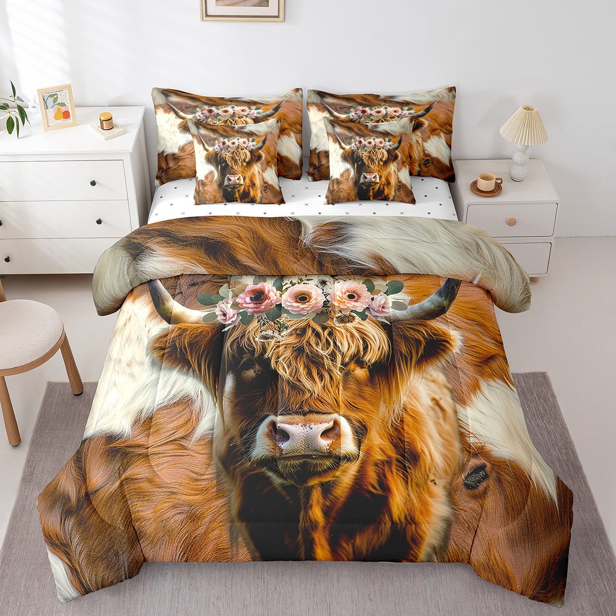 Highland Cow Comforter Set King, 7 Pieces Cowhide Reversible Bed In A Bag Cow Skin Print Bedding ...