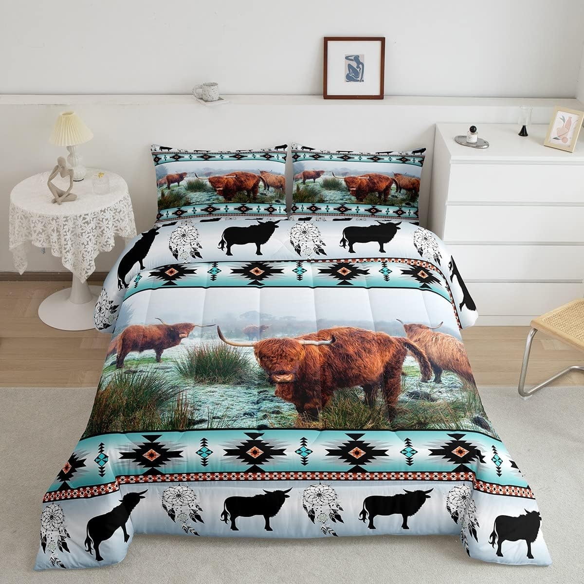 Highland Cow Comforter Set Longhorn Bull Southwestern Native Aztec ...