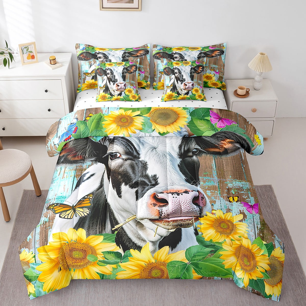 Highland Cow Comforter Set Queen, 7 Pieces Bull Cattle Bed In A Bag Yellow Sunflower Bedding ...
