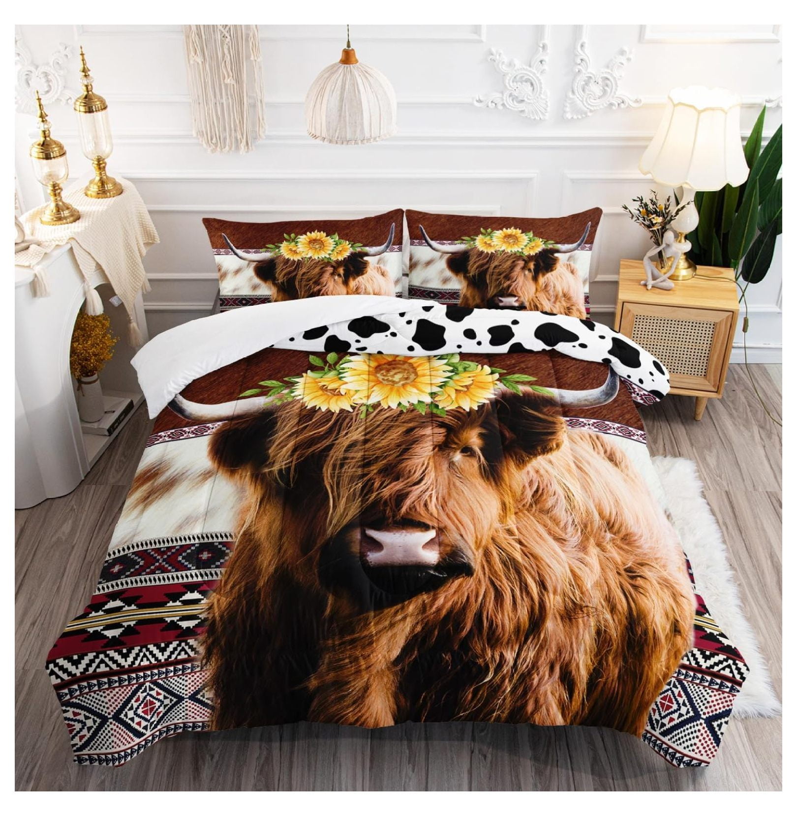 Highland Cow Comforter Set Queen Size,Bull Cattle Yak Printed Bedding Set,Aztec Boho Bed in a ...