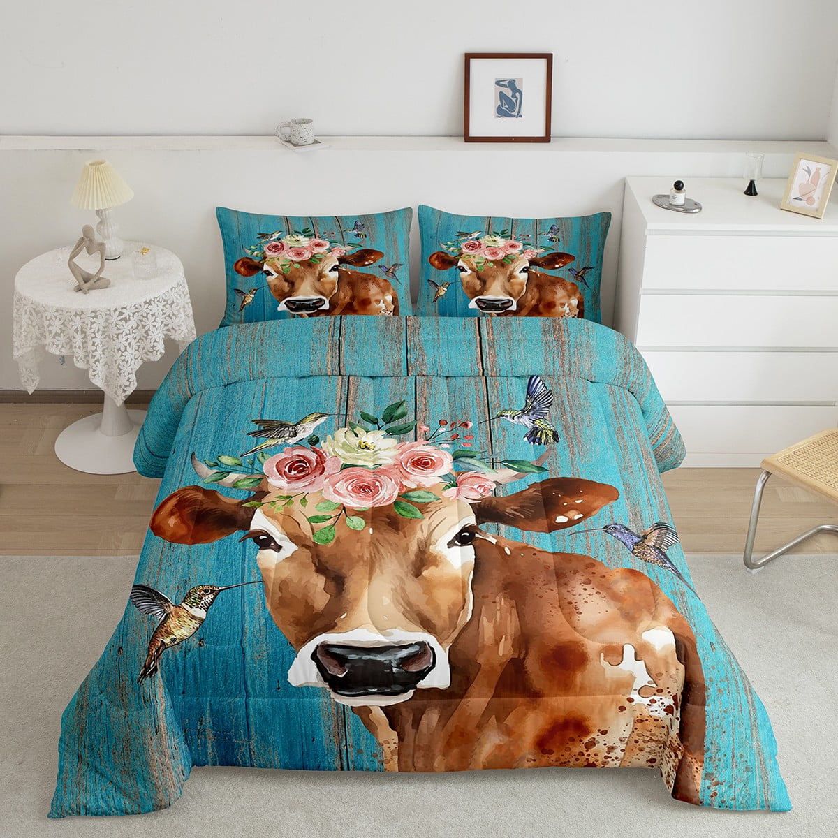 Highland Cow Comforter Set Rustic Farmhouse Blue Wooden Decor Full Bed ...