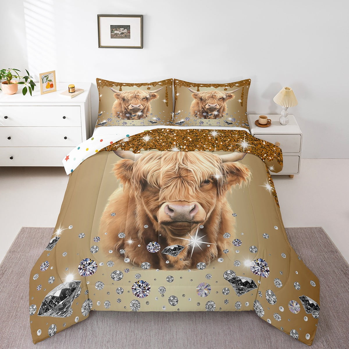 Highland Cow Comforter Set Brown Sequin Fluid Art King Bedding Set,Crystal Diamond Bed Set Farm ...