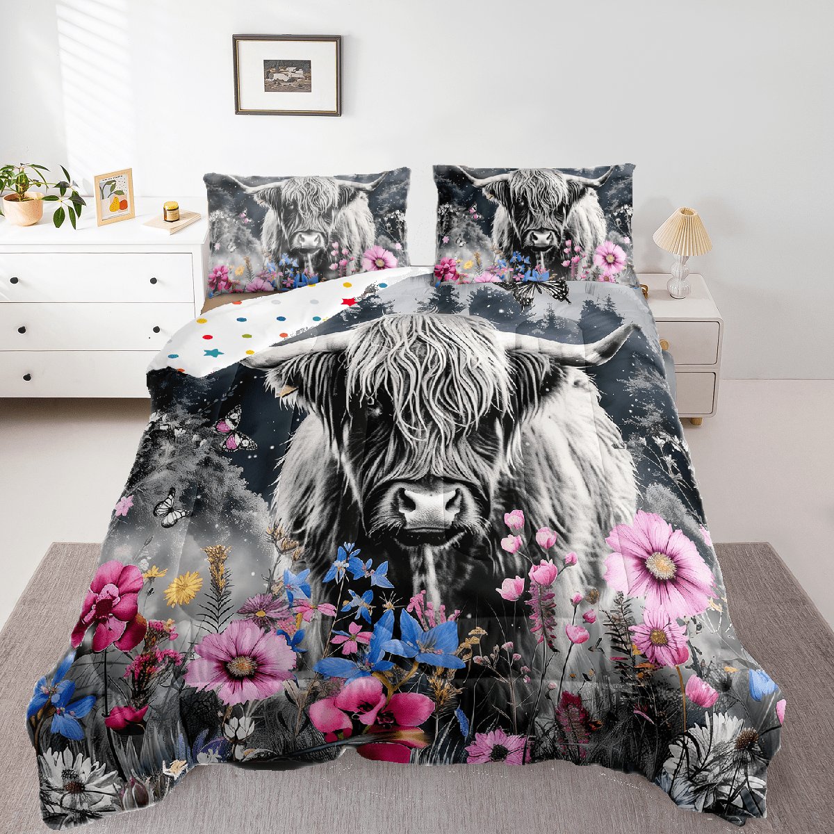 Highland Cow Comforter Set Bull Cattle Flowers Full Bedding Sets ,Farm Animals Western Quilt ...