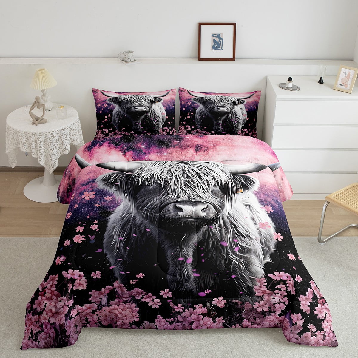 Highland Cow Comforter Set Cherry Blossom Twin Bedding Sets ,Pink ...