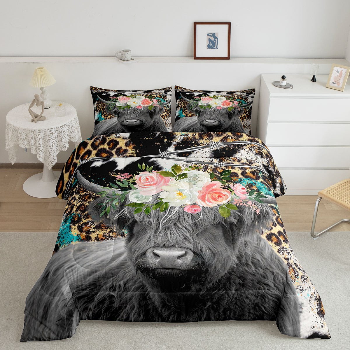 Highland Cow Comforter Set Cowhide Cheetah Print Bedding Set Twin,Western Animals Quilt Leopard ...