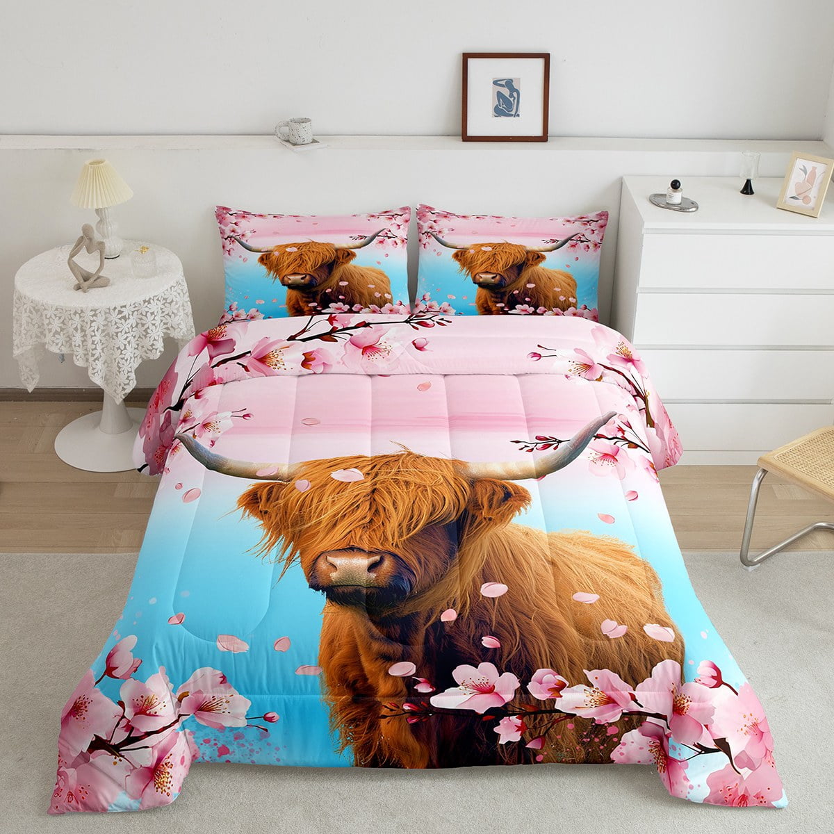 Highland Cow Comforter Set Farm Animals Twin Bedding Sets,Cherry ...