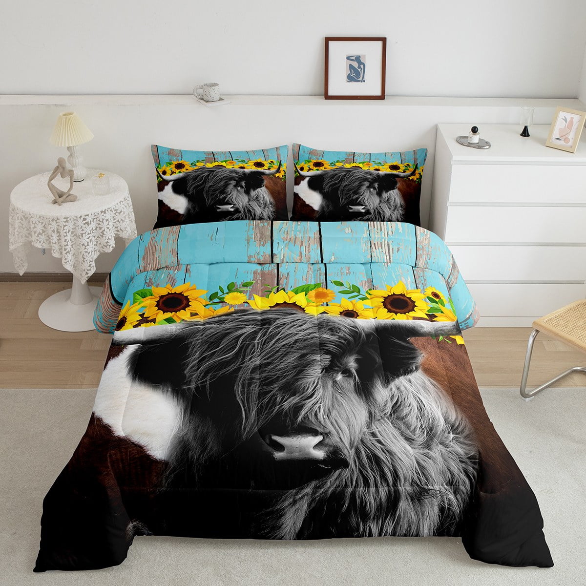 Highland Cow Comforter Set Full,Longhorn Bull Cattle Bedding,Wildlife Farm Animals Down ...
