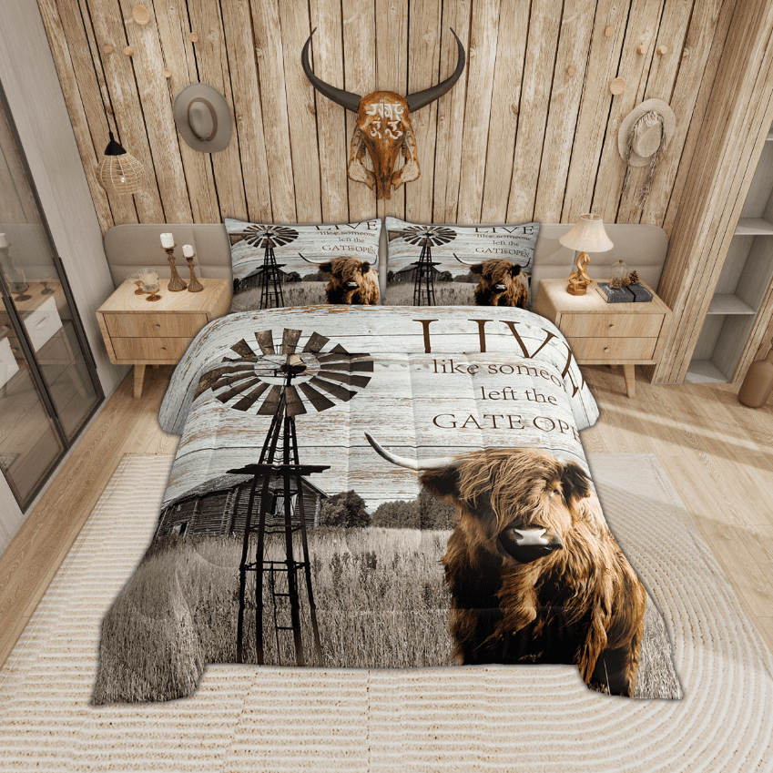 Highland Cow Comforter Set Garden Windmill Decor Farmhouse Bedding Set ...