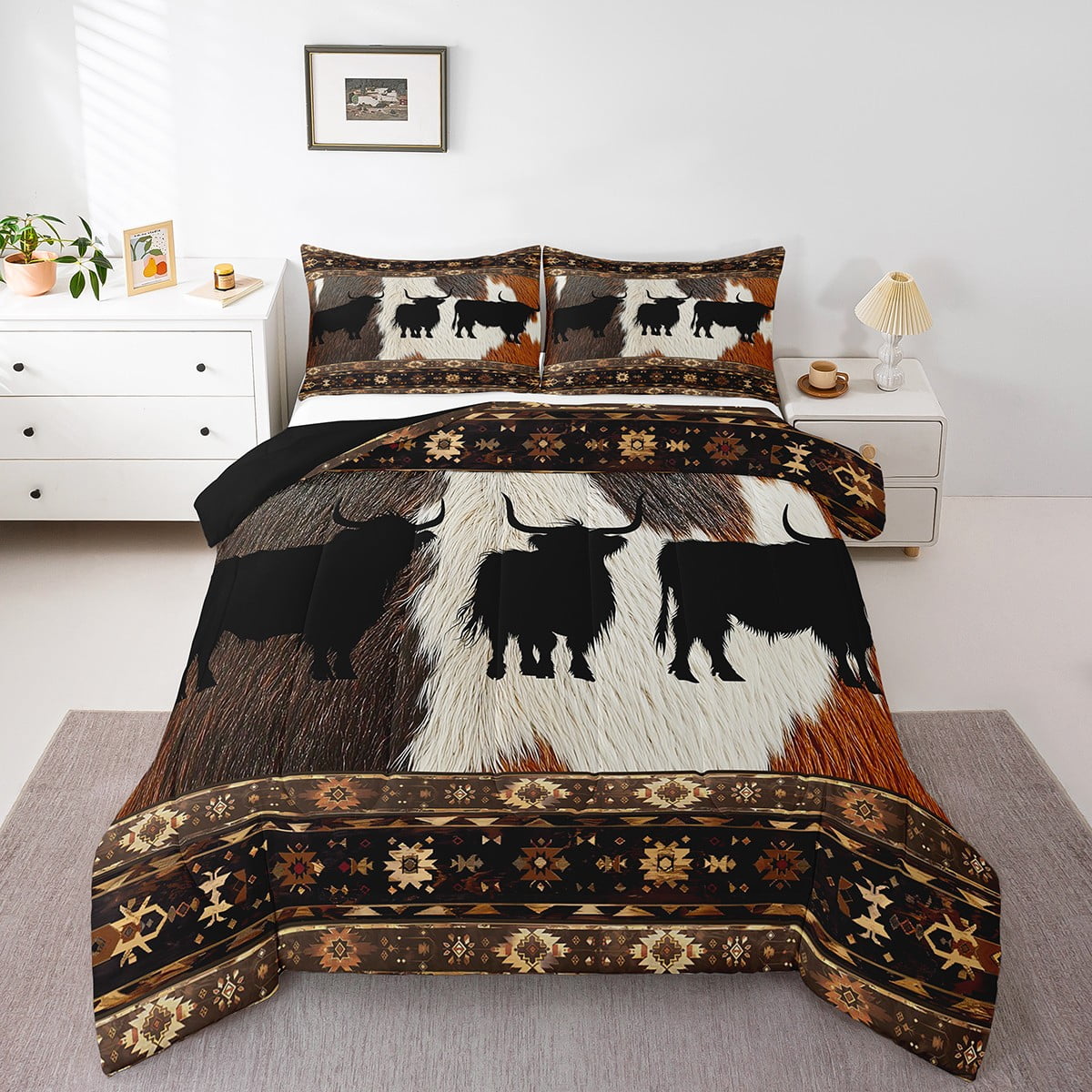 Highland Cow Comforter Set Geometric Aztec Bedding Sets Full,Farm ...