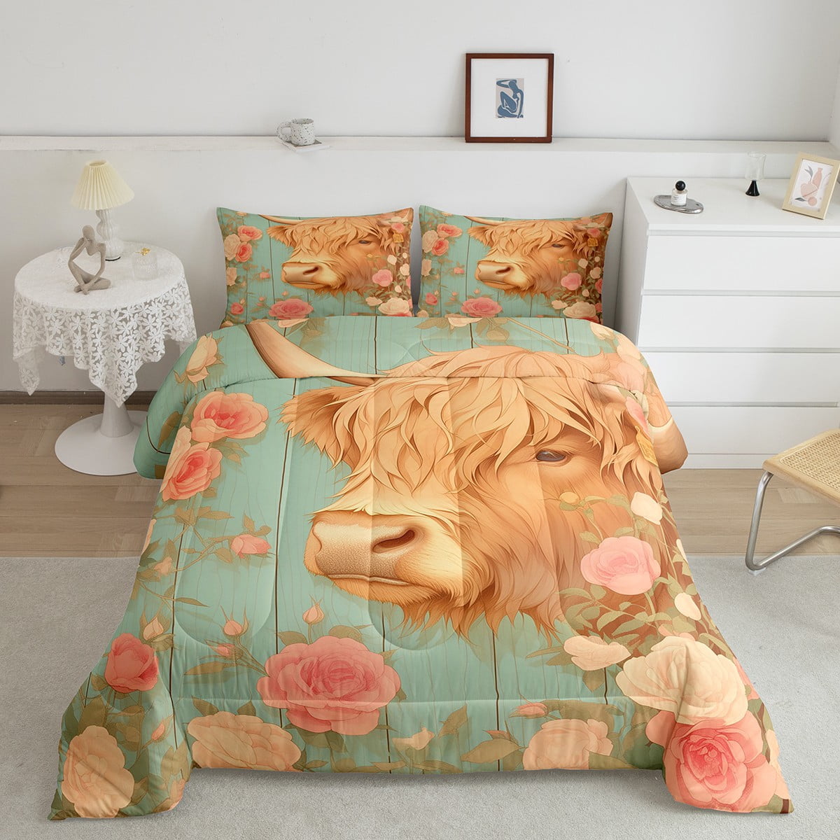 Highland Cow Comforter Set Pink Rose Twin Bedding Sets ,Longhorn Bull ...