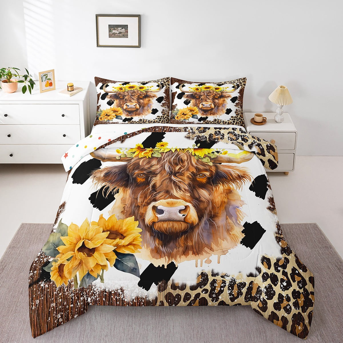 Highland Cow Comforter Set Sunflower Bedding Sets Full,Leopard Print Cowhide Quilt Farm Animals ...
