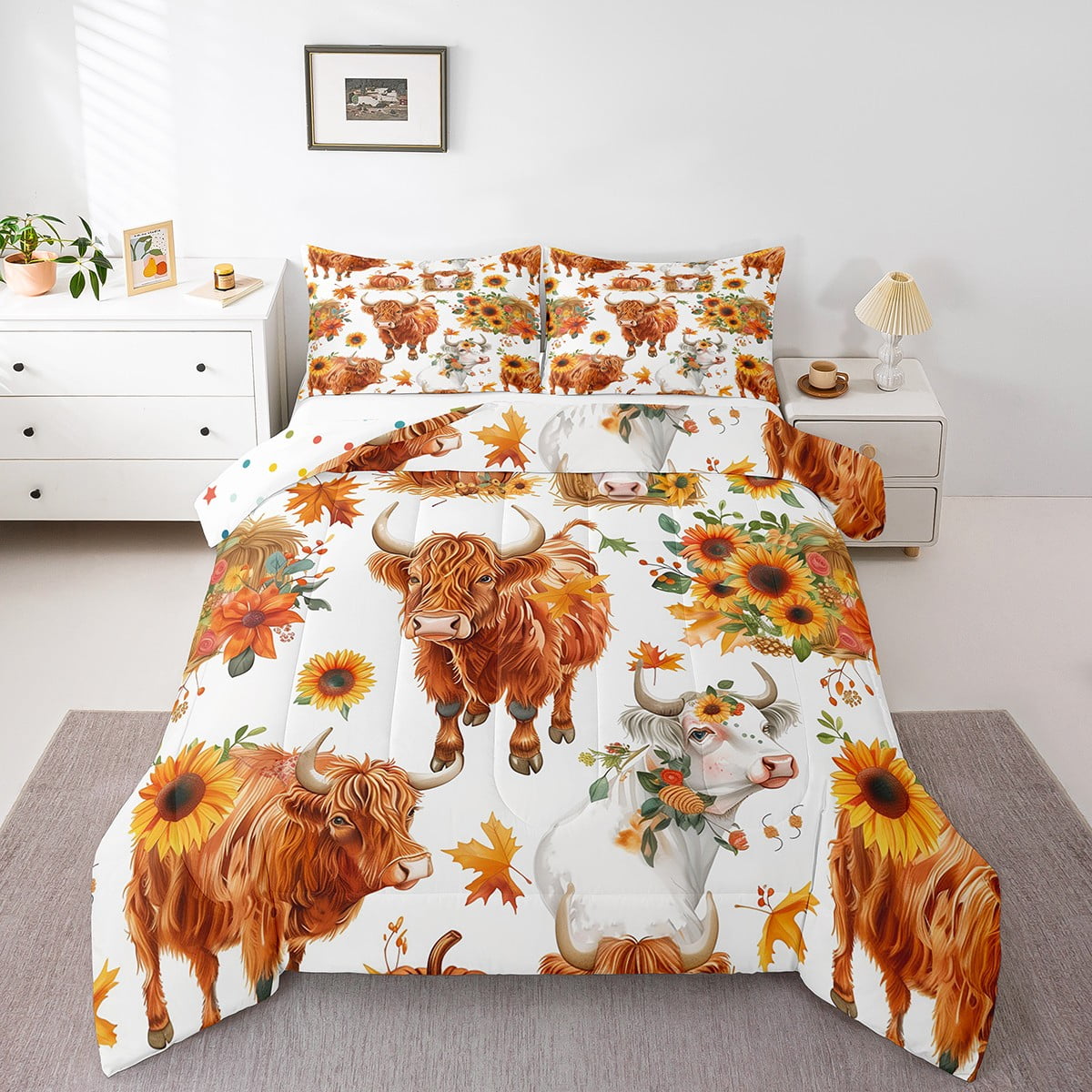 Highland Cow Comforter Set Sunflower King Bedding Set,Bull Cattle Farm Animals Quilt Pumpkin ...