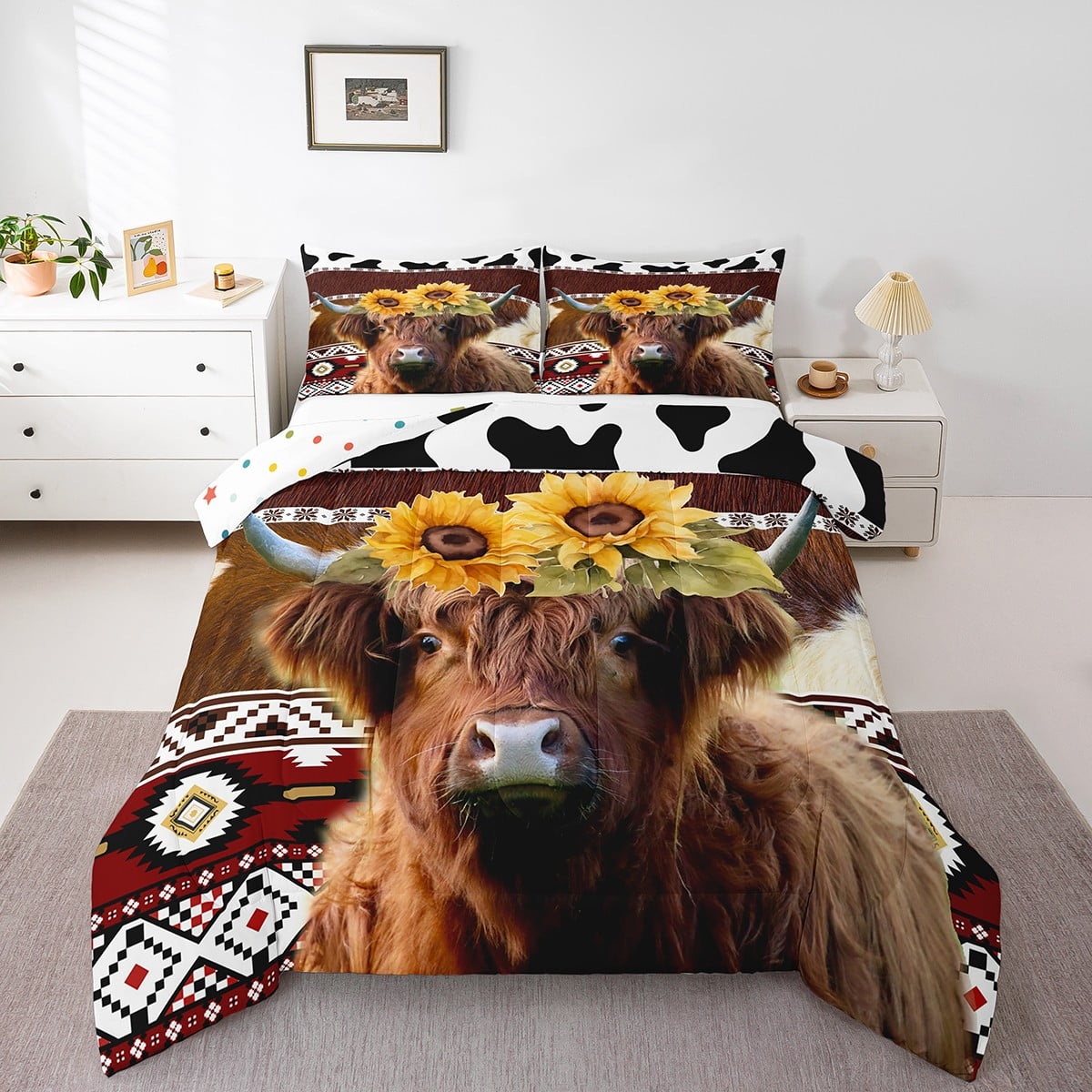 Highland Cow Comforter Set Sunflower Queen Bedding Sets,Patchwork Cow Print Cowhide Quilt ...