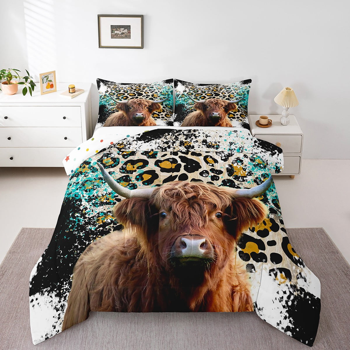 Highland Cow Comforter Set Teal Brown Leopard Print Bedding Sets Full,Farmhouse Longhorn Bull ...