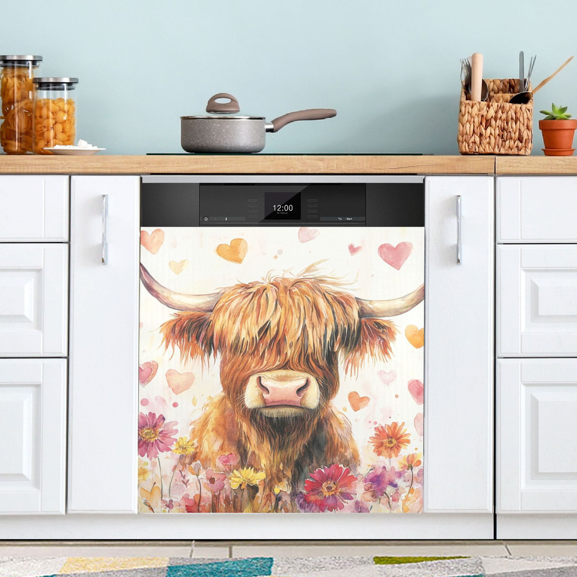 Highland Cow Daisies Hearts Valentine Watercolor Dishwasher Magnet ...