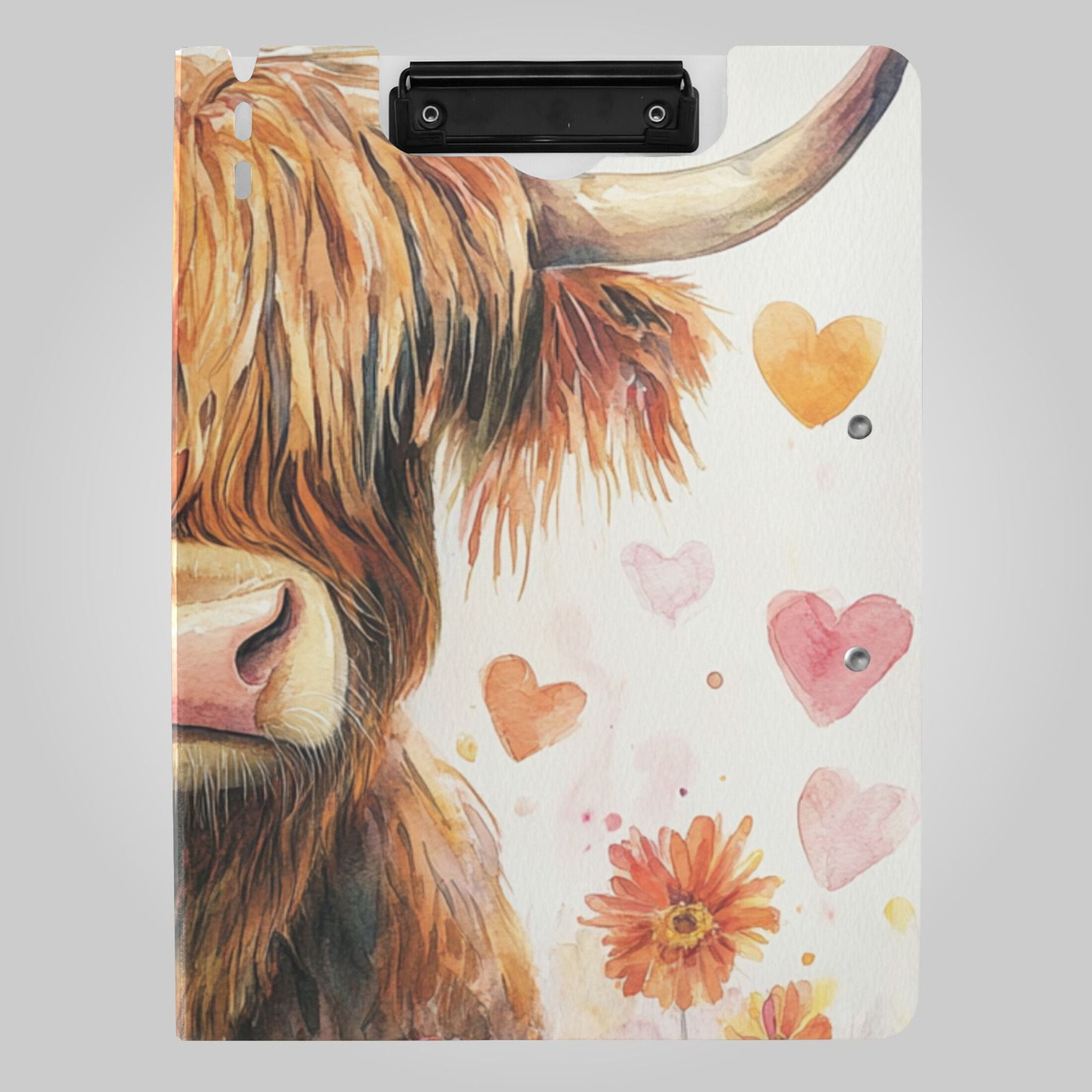 Highland Cow Daisies Hearts Valentine Watercolor Foldable Binder Folder ...