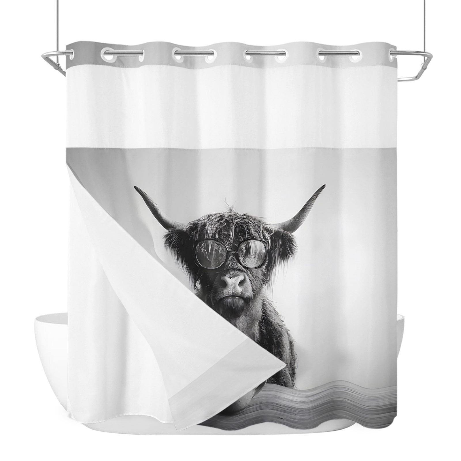 Highland Cow Drinking Coffee No Hook Shower Curtain with Snap in Liner ...