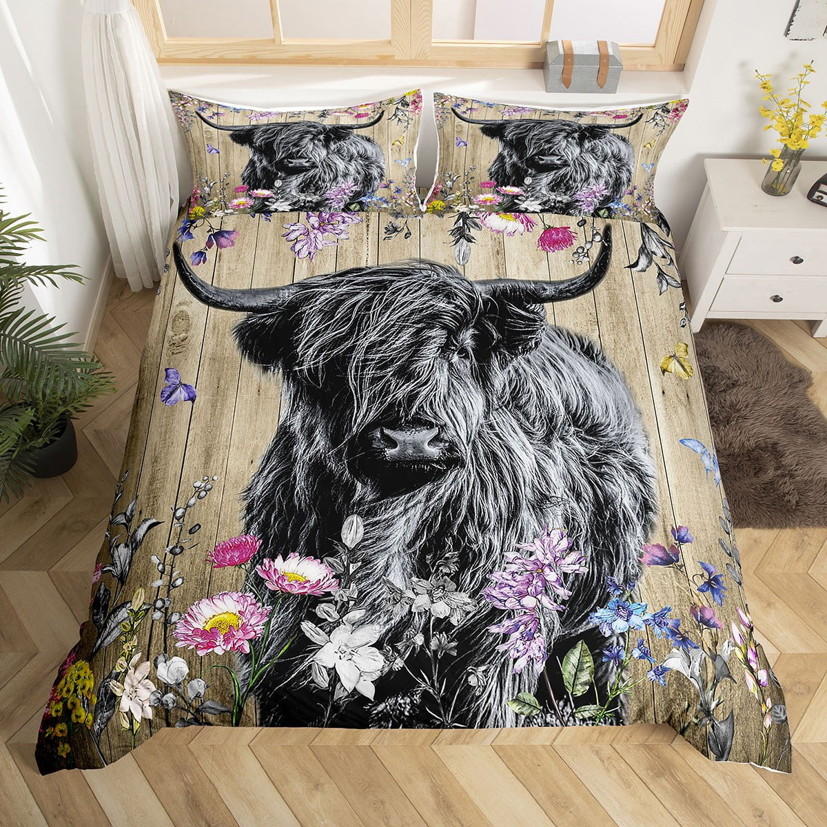 Highland Cow Duvet Cover Brown Rustic Plank Flowers Plant Weed Bedding Set for Women,Farm Animal ...