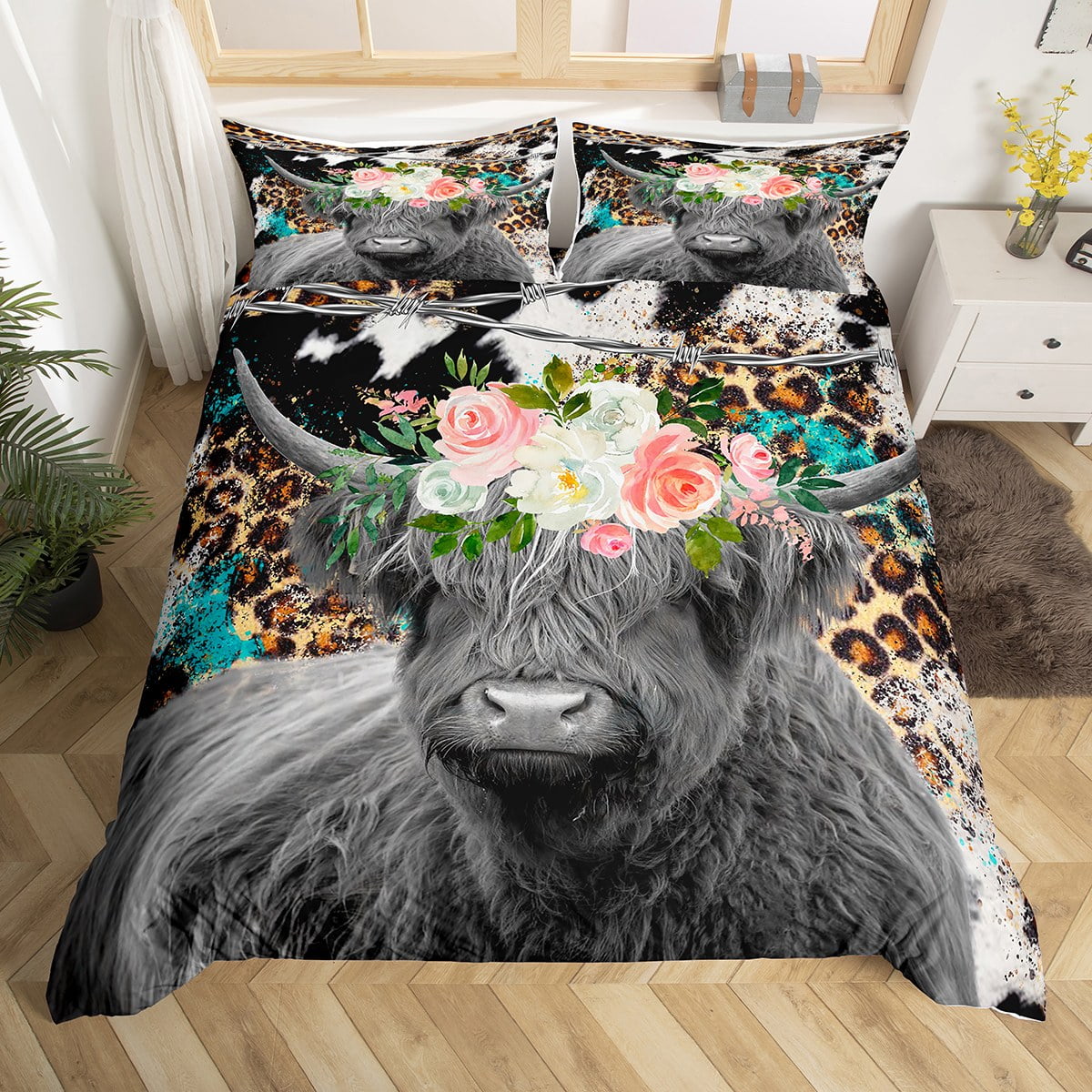 Highland Cow Duvet Cover Cowhide Cheetah Print Bedding Set Queen ...