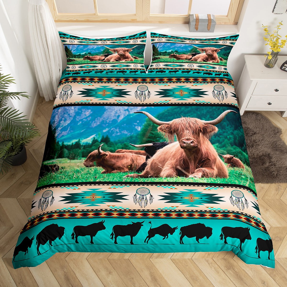 Highland Cow Duvet Cover Ethnic Tribe Arrow Longhorn Bull Cattle Bedding Set,Cowboy Western ...