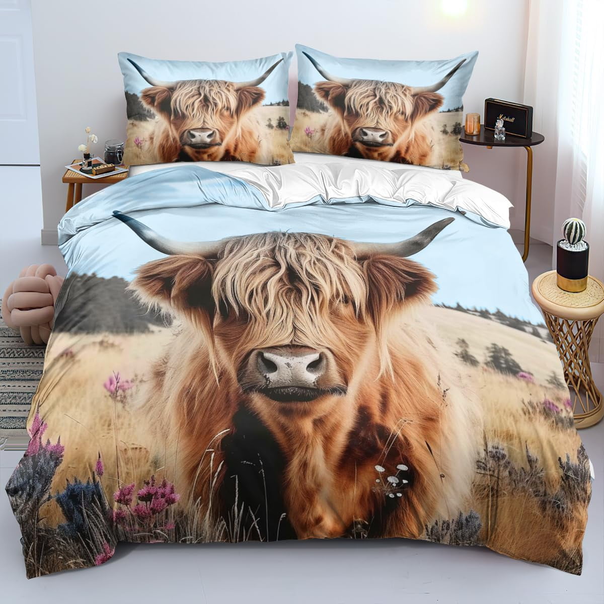 Highland Cow Duvet Cover Flowers Comforter Cover Chic Cattle Quilt ...