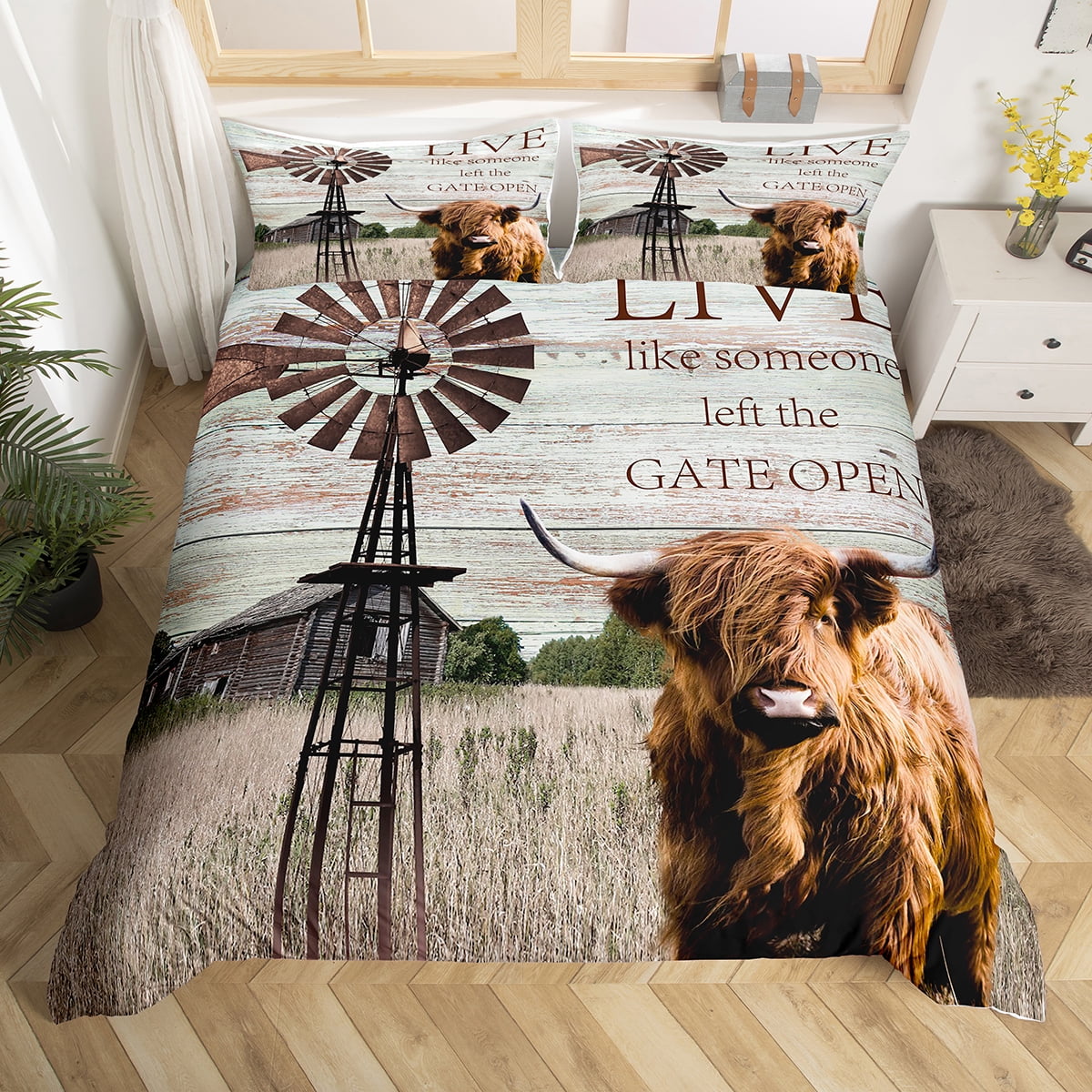 Highland Cow Duvet Cover Garden Windmill Decor Farmhouse Bedding Set ...