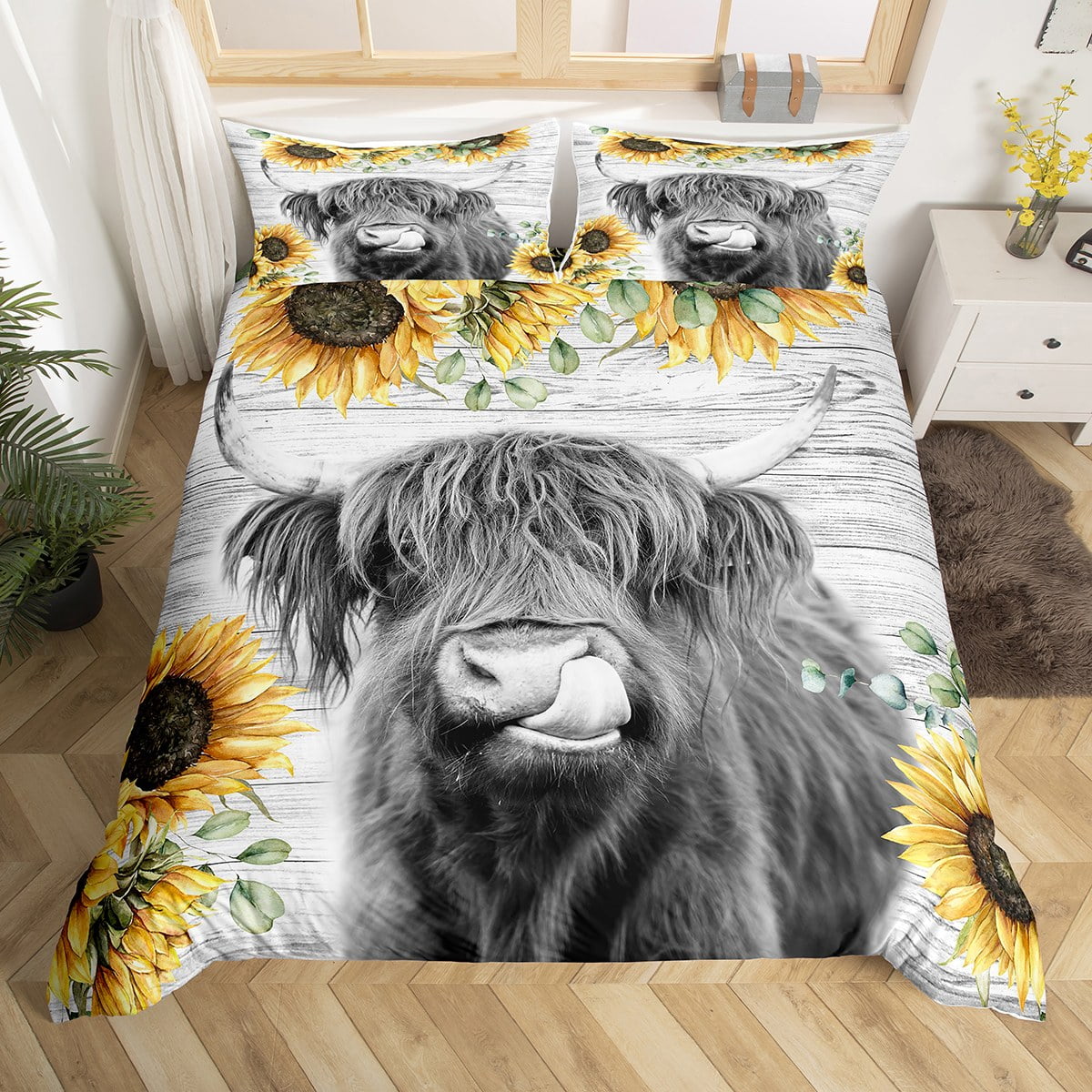 Highland Cow Duvet Cover King, Bull Cattle Sunflower Bedding Set Teens, Wild Animal Western ...