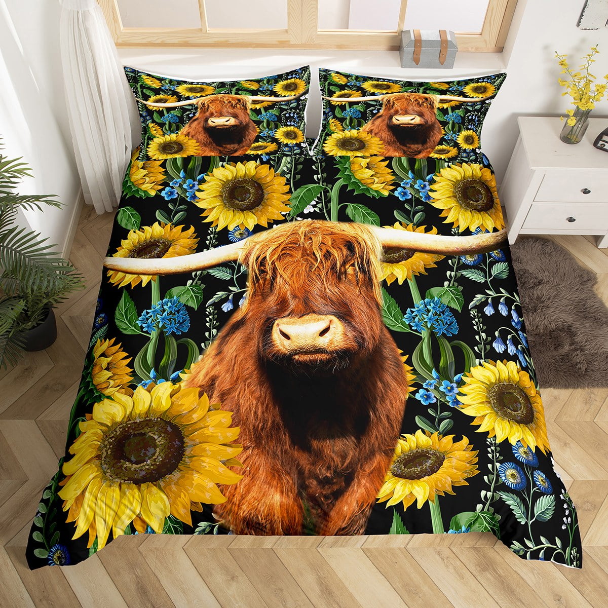Highland Cow Duvet Cover King Size, Brown Bull Cattle Bedding Set Yellow Sunflowers Comforter ...