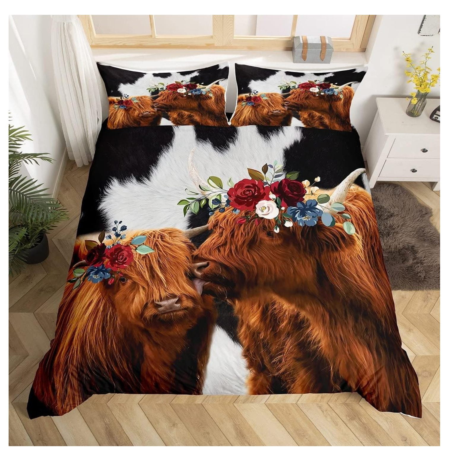 Highland Cow Duvet Cover Set, Rustic Black and White Milk Cow Fur and Chic Skin Print Comforter ...