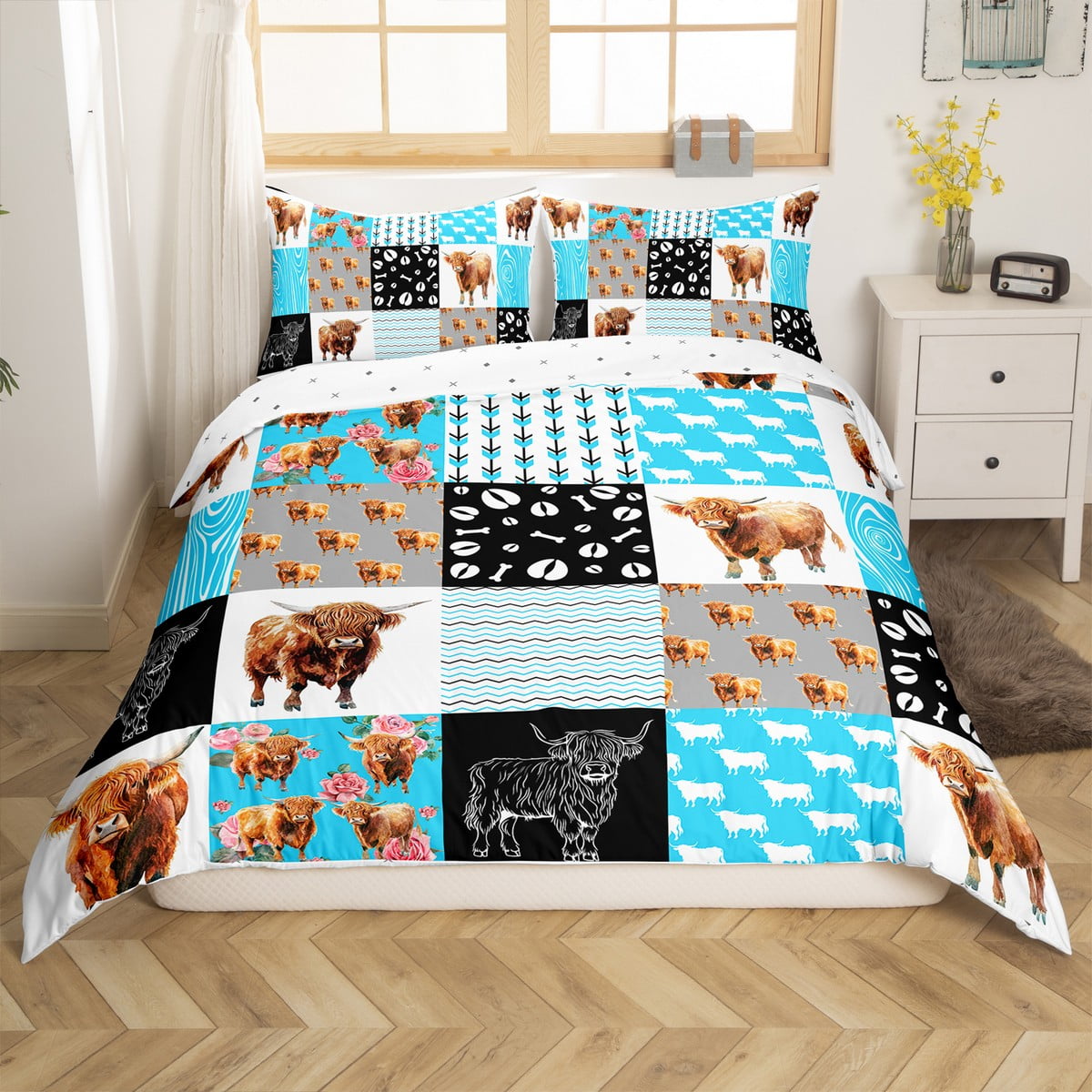 Highland Cow Duvet Cover Set Western Animals Comforter Cover,Cowgirl Farm Longhorn Bull Cattle ...