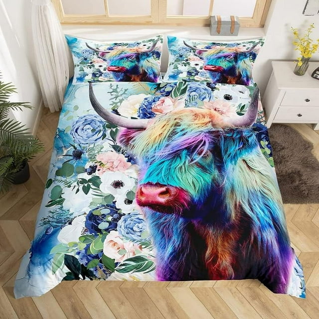 Highland Cow Duvet Cover Sets,Colorful Cowhide Flowers Bedding Set for Kids Teens Girls Adults ...