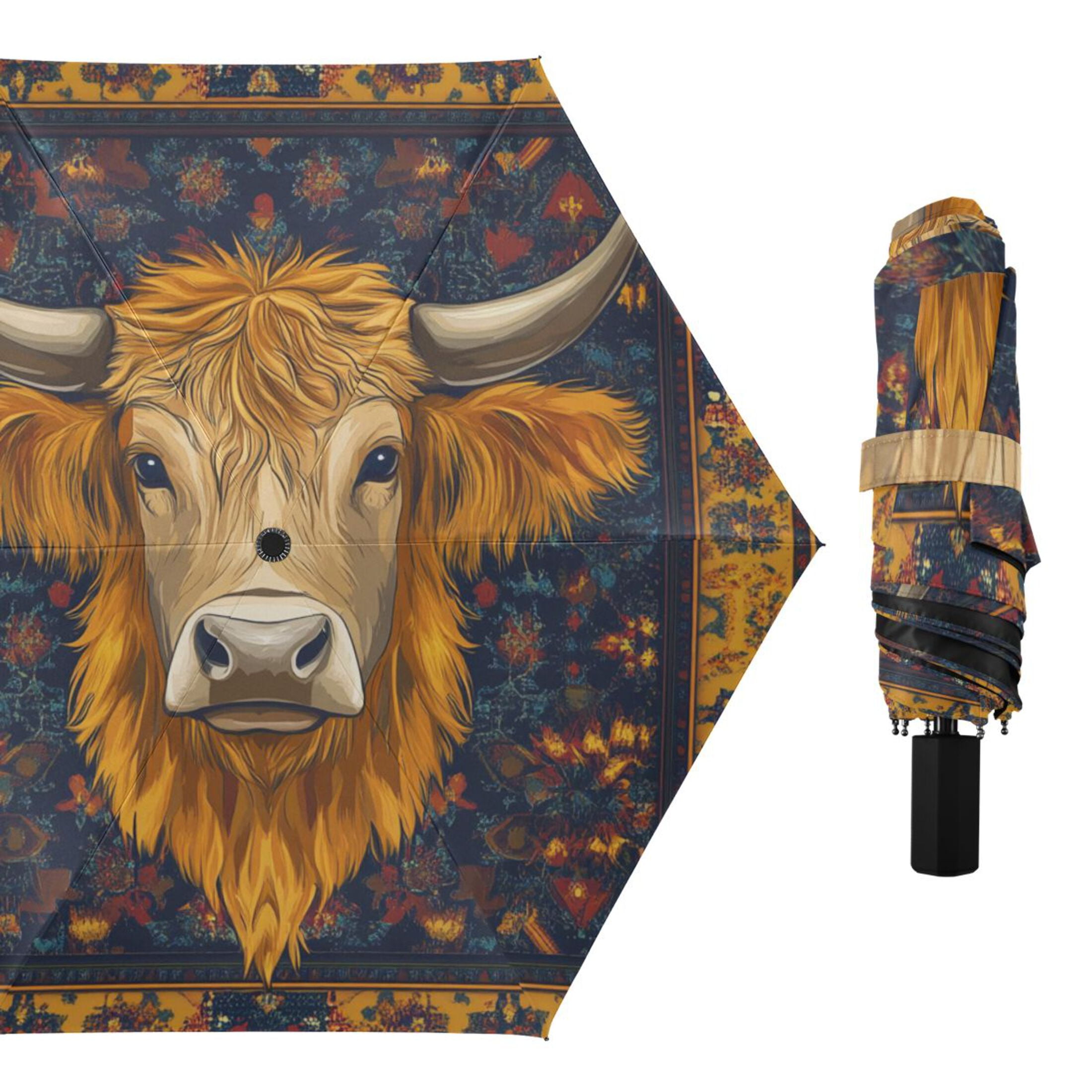 Highland Cow Face on Gorgeous Blanket All Weather Umbrella Triple ...