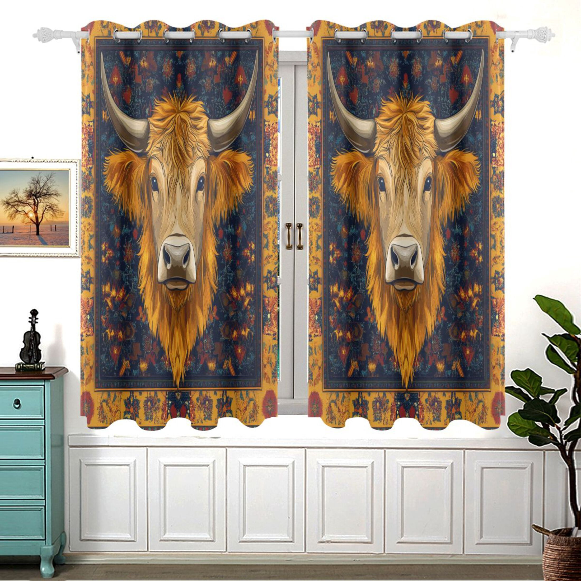 Highland Cow Face on Gorgeous Blanket Curtains Drapes with Grommets 2 ...