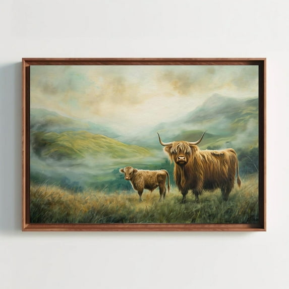 Highland Cow Family In Misty Pasture Canvas Print - Extra Large Rustic ...