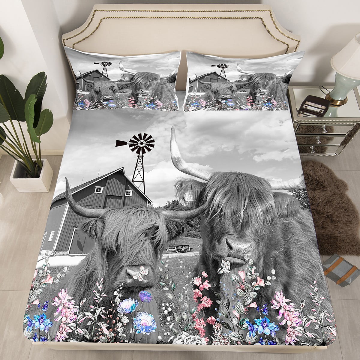 Highland Cow Farm Animals Bed Sheets Full,Garden Windmill Decor ...