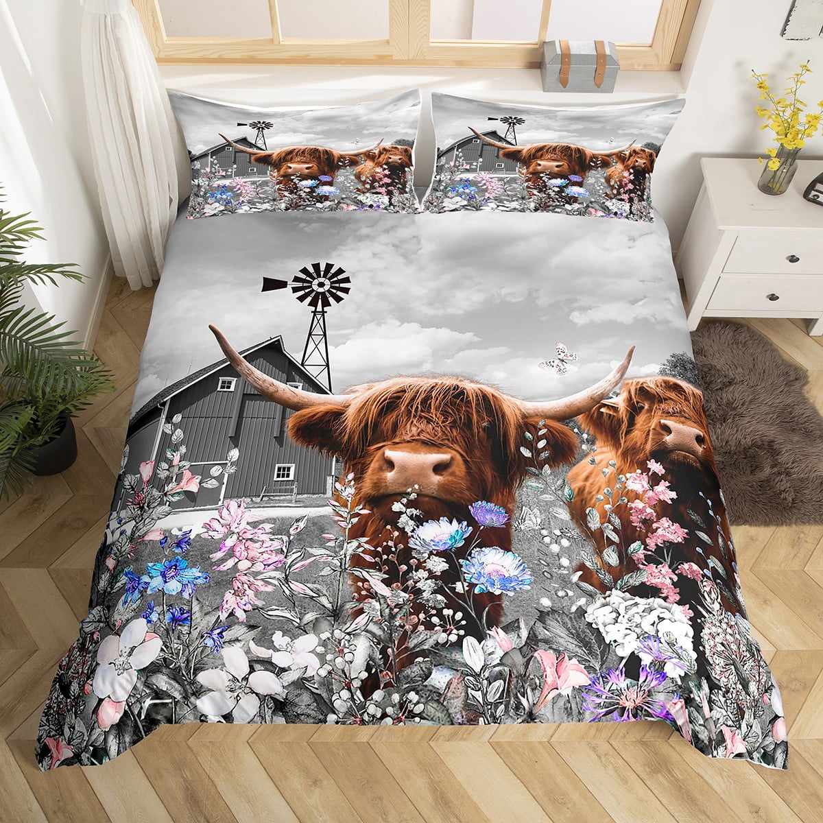 Highland Cow Farm Animals Bedding Set Full,Garden Windmill Decor ...