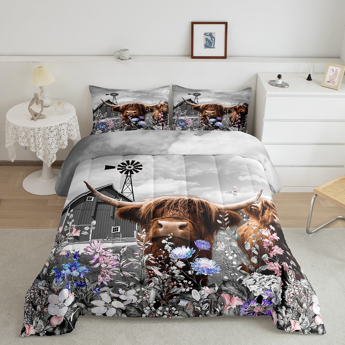 Highland Cow Farm Animals Bedding Set Full,Garden Windmill Decor ...