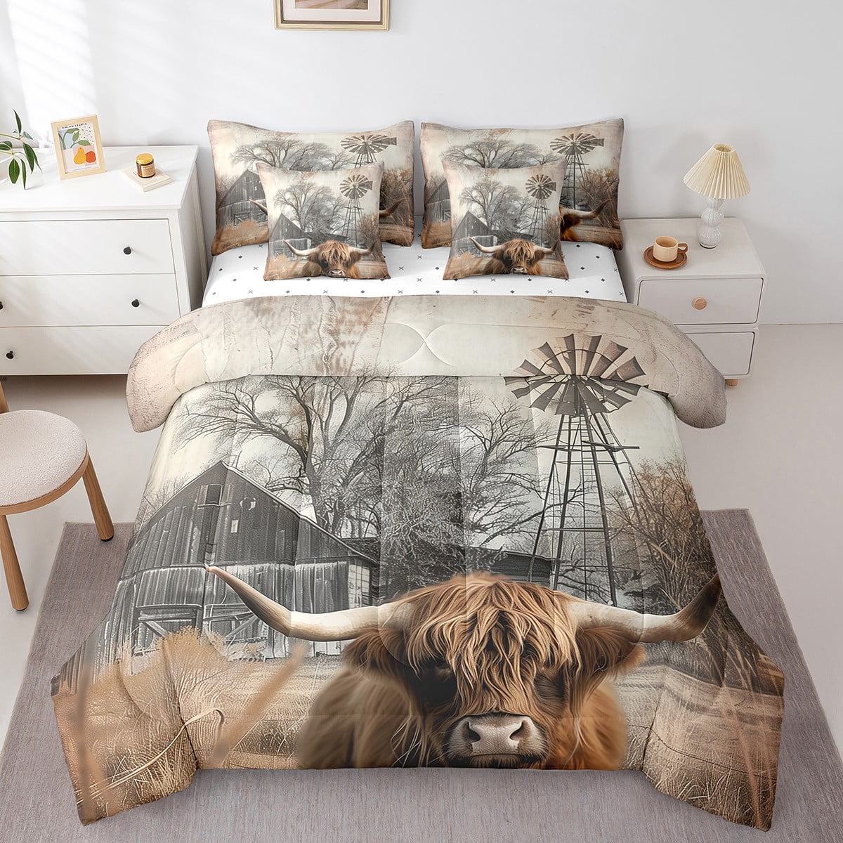 Highland Cow Farm Animals Comforter Set 7 Pieces Comforters Full Size ...