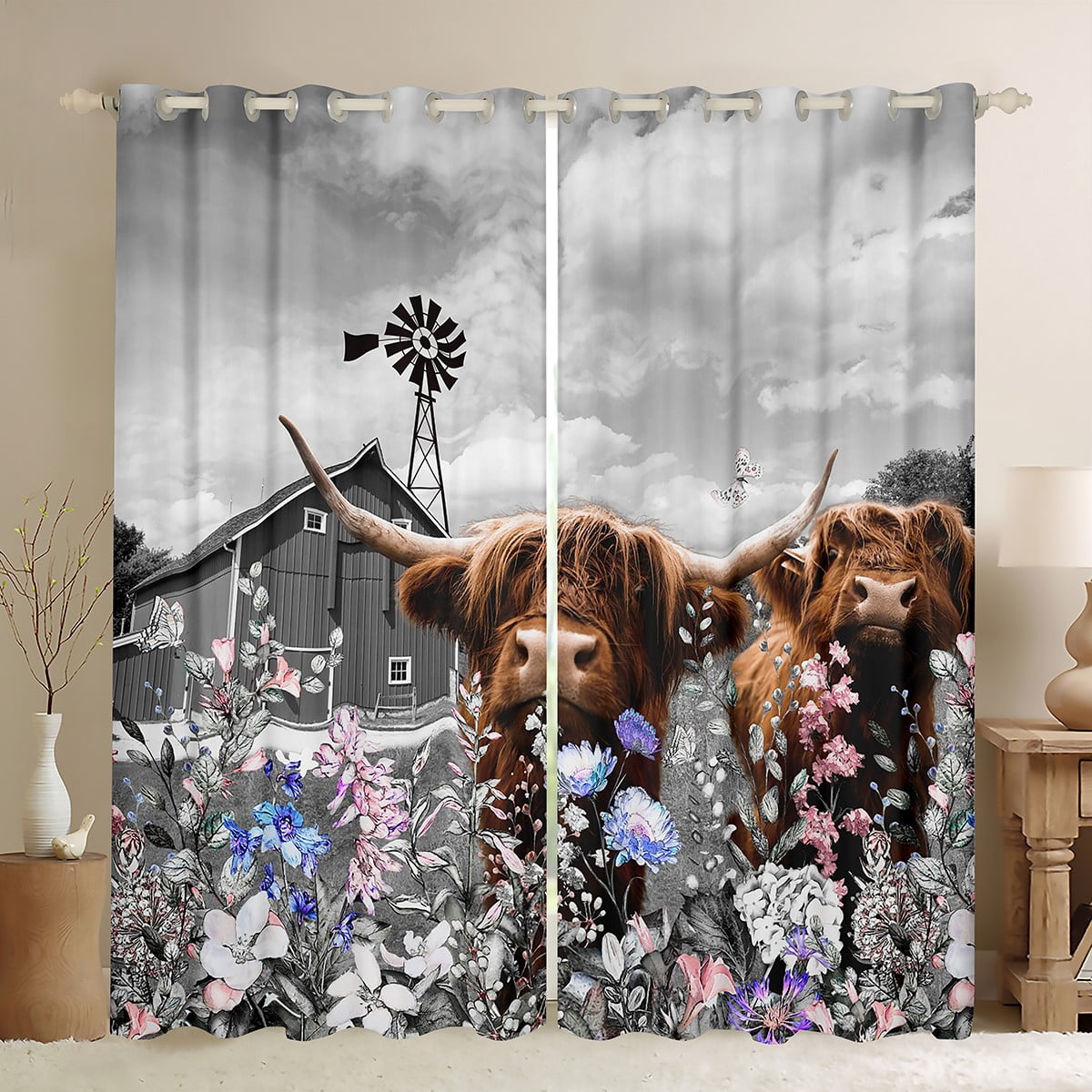 Highland Cow Farm Animals Curtains & Drapes,Garden Windmill Decor ...