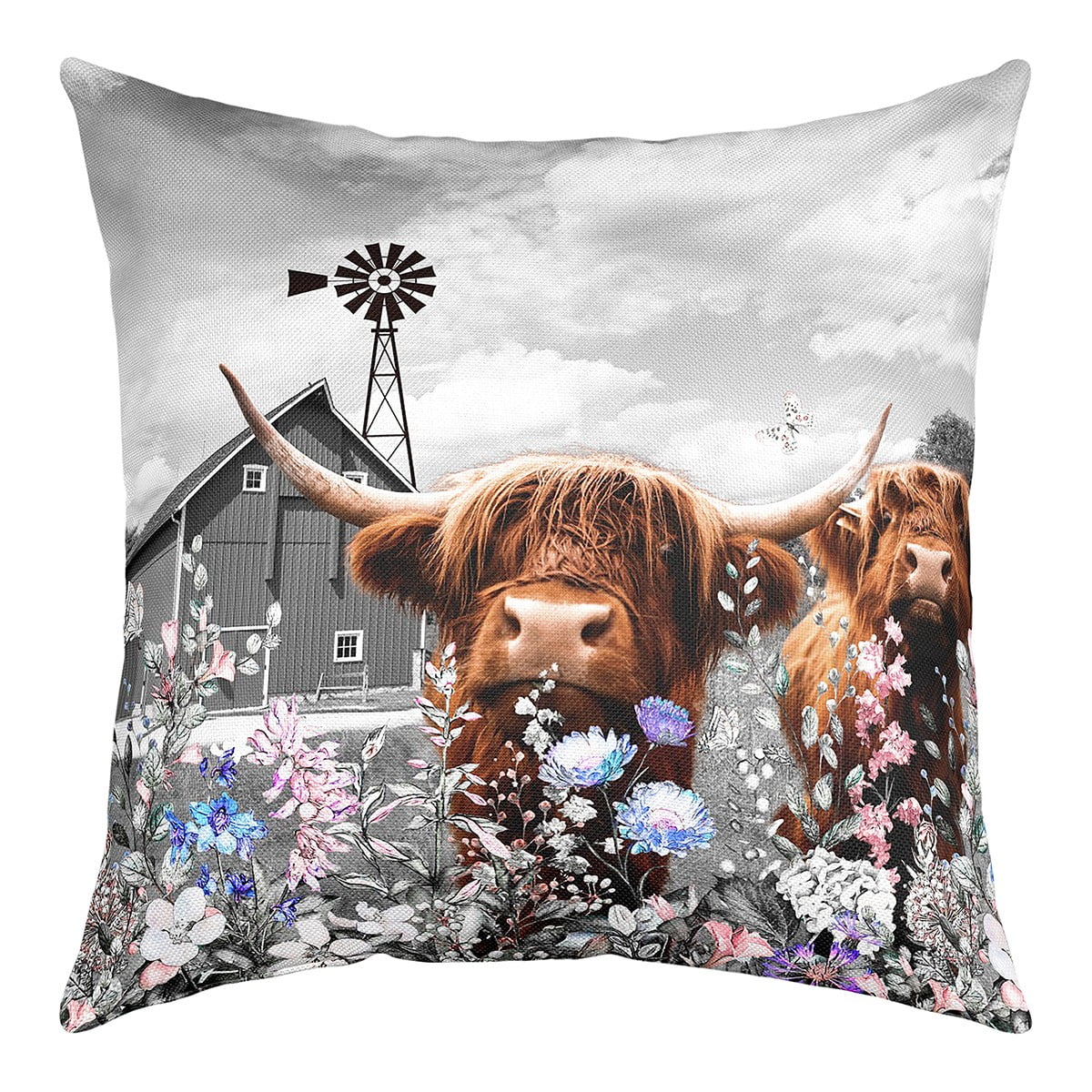 Highland Cow Farm Animals Throw Pillow Cover 20x20 inch,Garden Windmill ...