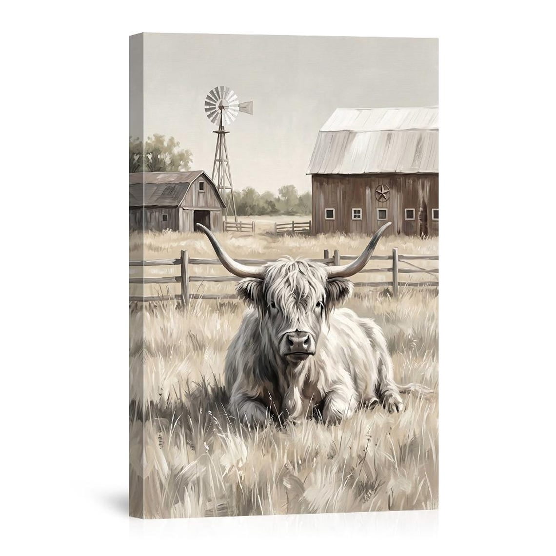 Highland Cow Farmhouse Rustic Country Vintage Beige Landscape Windmill ...