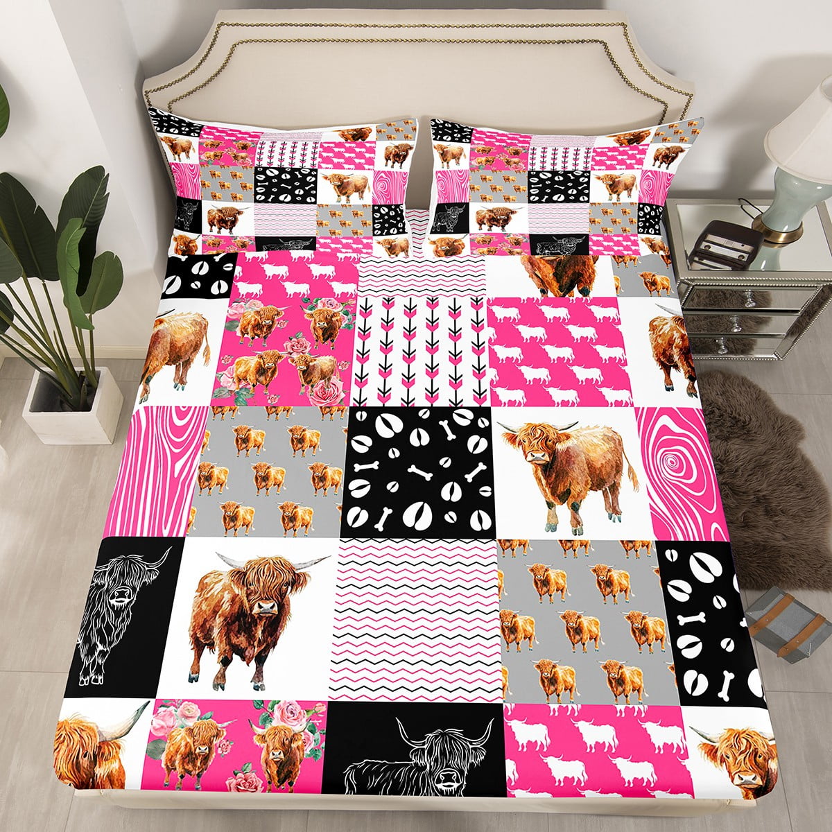 Highland Cow Fitted Sheet Farm Animals Bed Sheets Full,Western Cowboy Longhorn Bull Cattle ...