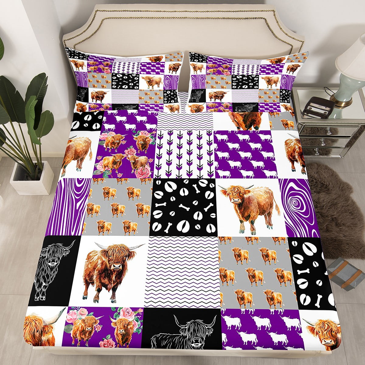 Highland Cow Fitted Sheet Farm Animals Bed Sheets,Western Cowboy Longhorn Bull Cattle Sheets ...