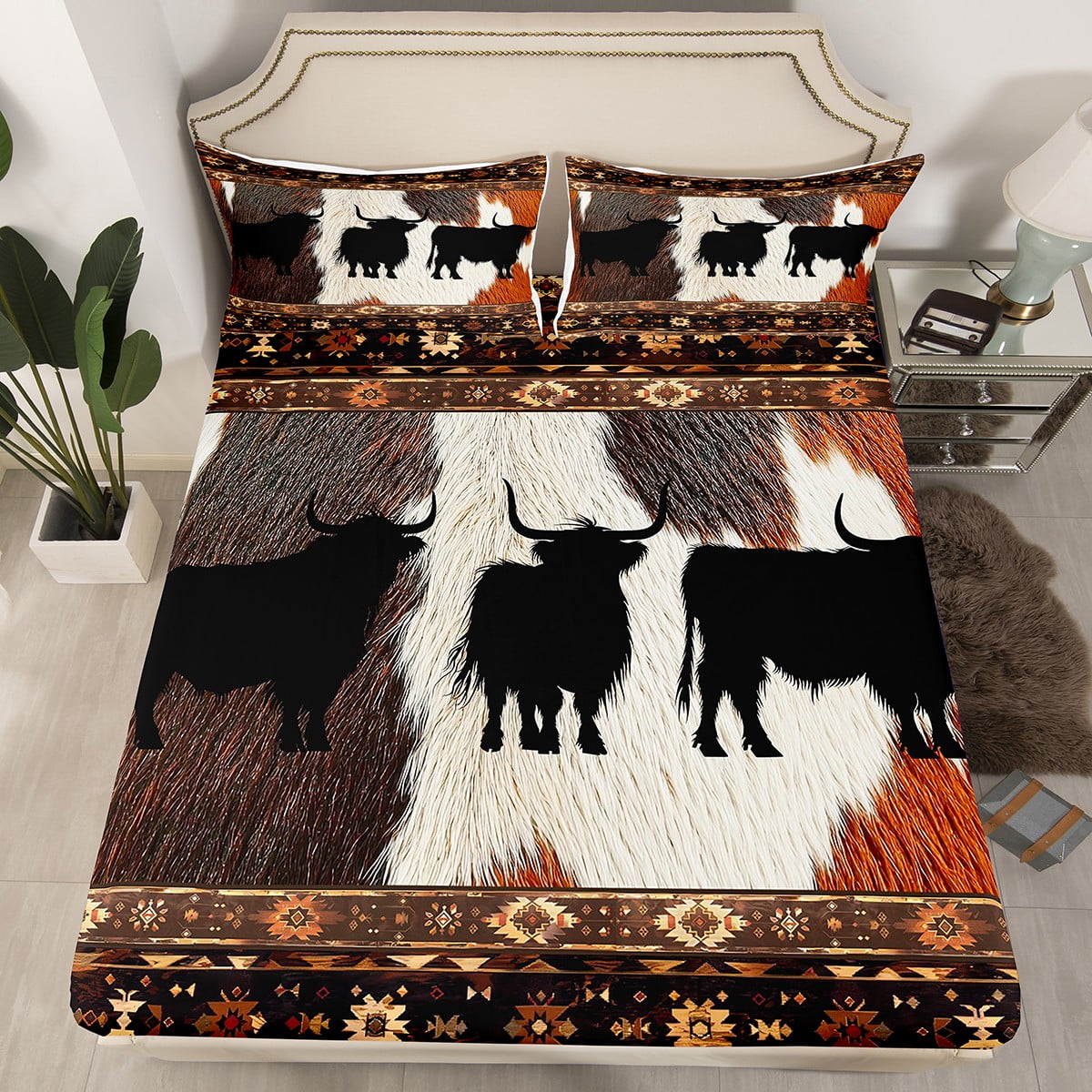 Highland Cow Fitted Sheet Geometric Aztec Bed Sheets Queen,Farm Animals Cowhide Sheets Longhorn ...