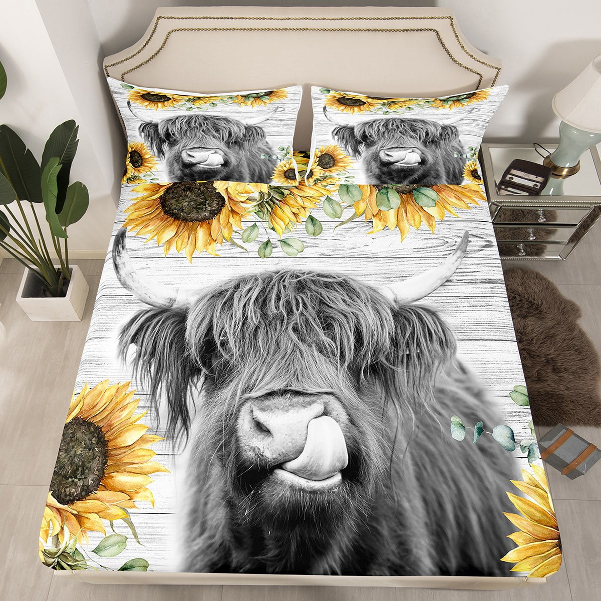 Highland Cow Fitted Sheet Queen, Bull Cattle Sunflower Bedding Set Teens, Wild Animal Western ...