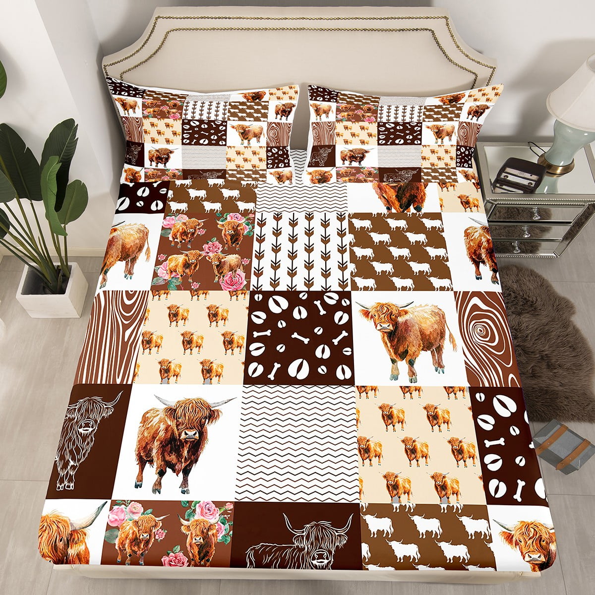 Highland Cow Fitted Sheet Western Animals Sheets Queen Size Bed Set,Cowgirl Farm Longhorn Bull ...