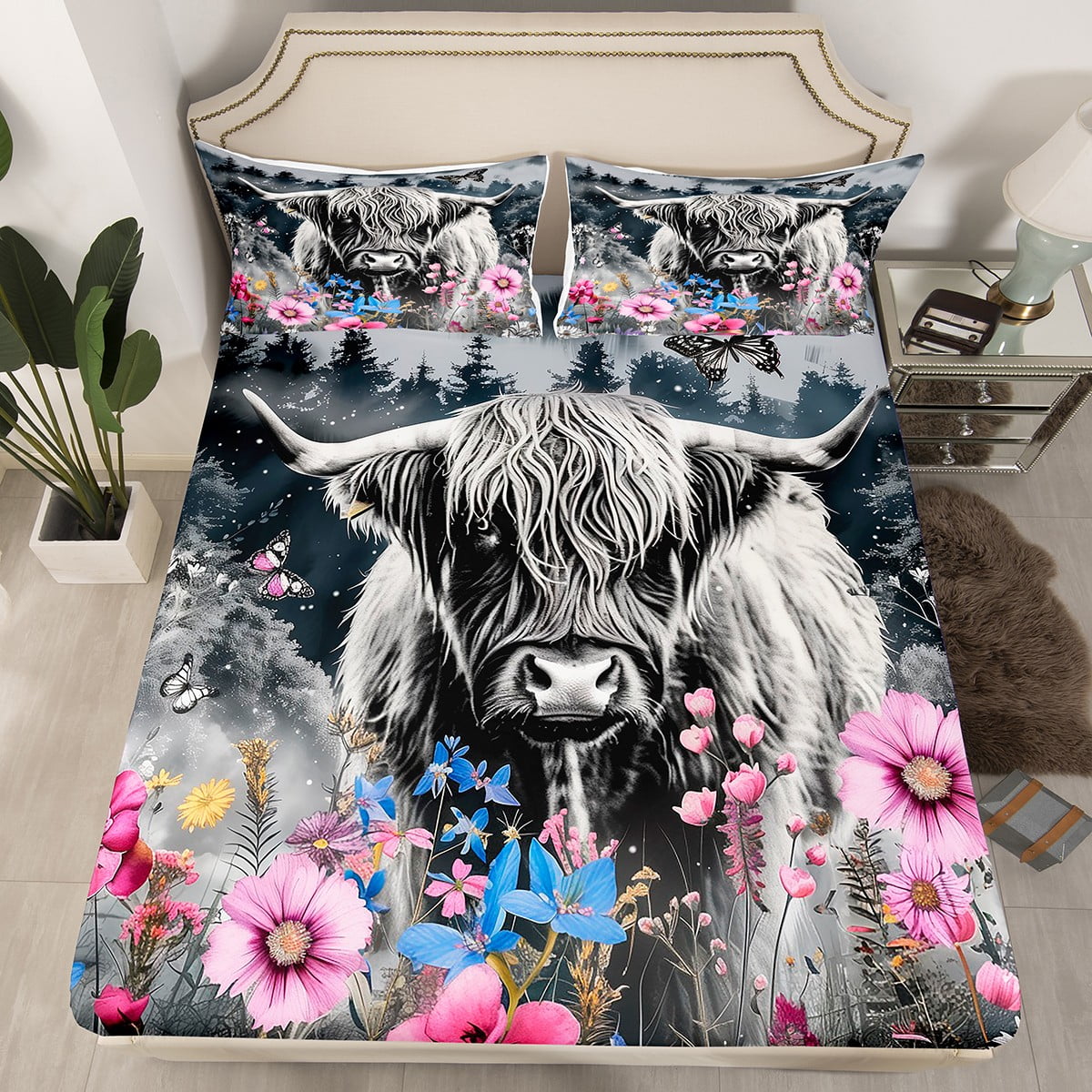 Highland Cow Fitted Sheet Bull Cattle Flowers Queen Bed Sheets,Farm ...