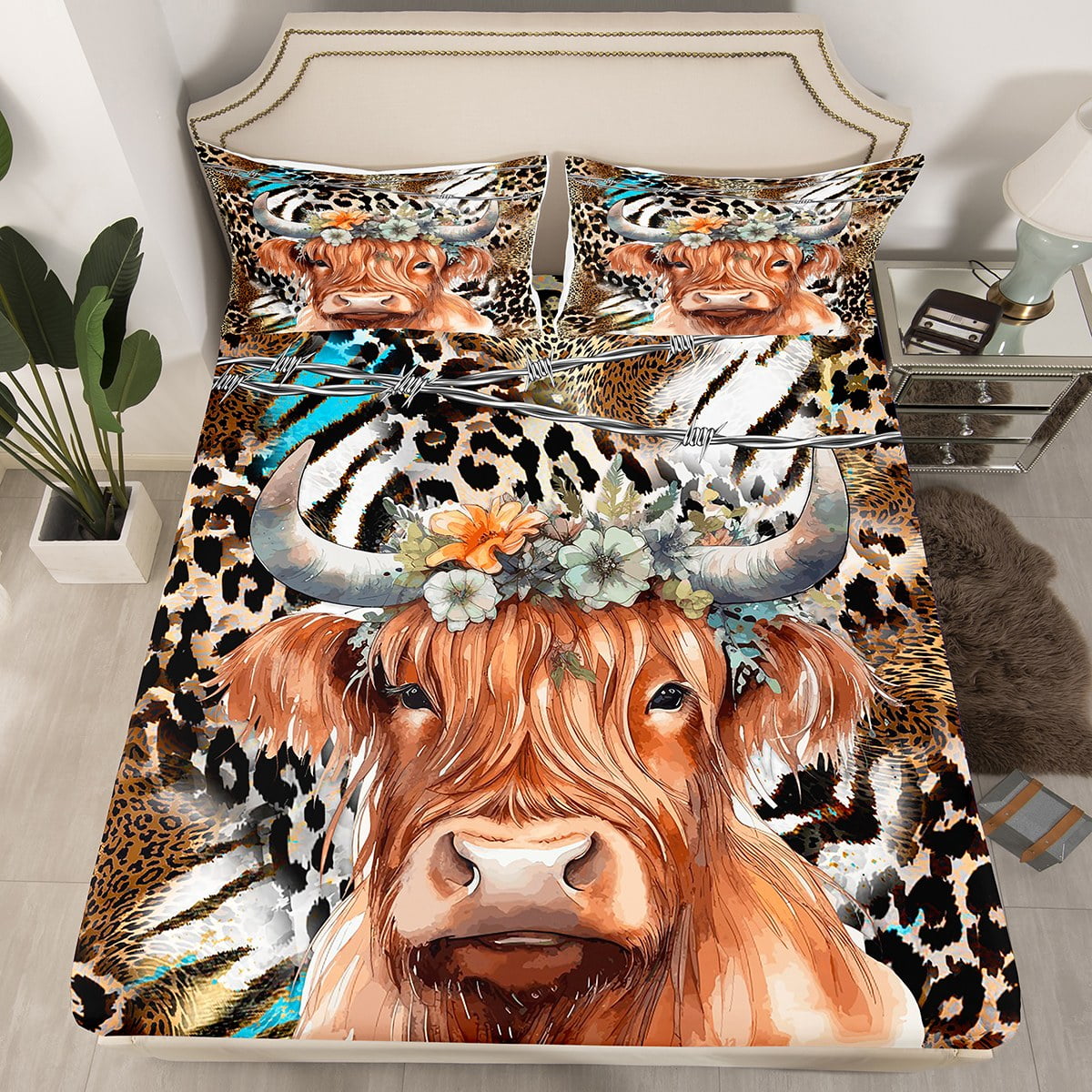 Highland Cow Fitted Sheet Cowhide Leopard Print Bed Sheets Queen ...